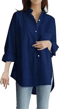 Generic Chemise de cowgirl grande taille - Chemisiers &agrave; manches longues avec 3 boutons pour femmes, chemises &agrave; boutons avec col asym&eacute;trique, ourlet asym&eacute;triqu