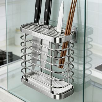 Generic Aufbewahrungsbox Edelstahl f&uuml;r die K&uuml;chenarbeitsplatte mit integriertem Messersch&auml;rfer Besteckhalter (Silver, 19cm x 9.5cm x 22.5cm)