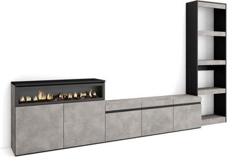 Skraut Home Wohnwand Wohnzimmer, Wohnzimmermöbel, Möbelset, 310x186x35cm, Für TV-Geräte bis zu 65, Elektrokamin., Moderner Stil, Zementgrau - Skraut Home