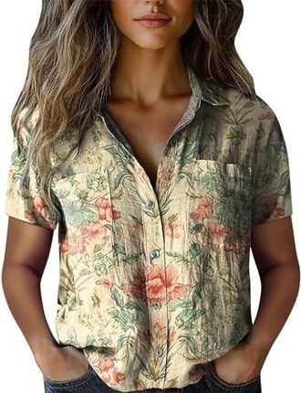 Generic Chemise en coton imprimée pour femme - Chemises décontractées à manches courtes - Chemise Colla, beige, L