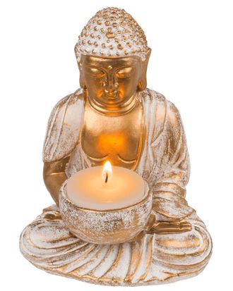 Out of the Blue Buddha-Dekofigur mit Teelichthalter - spirituelle 2-in-1 Statue aus Polyresin - stimmungsvolles Boho-Accessoire ca. 14 cm f&uuml;r Wellness & Wohnraum