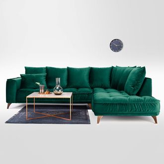 Jack & Alice home24 Ecksofa Grün/Dunkelgrün Samt 288 x 92 x 245cm Ottomane davorstehend rechts Glamour