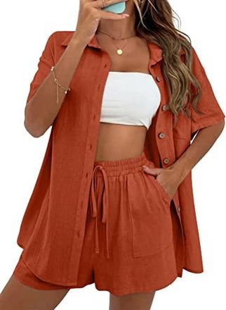 ORANDESIGNE Ensemble Femme Chic Et Elegant Ete Short Et Tee Shirt Casual Outfit Loungewear Set Tenue D&eacute;contract&eacute;e Ensemble De Pyjama Short Vetement A Orange M