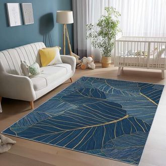 Generic Tapis &agrave; Poils Courts Bleu fonc&eacute; Or pour Chambre et Salon, Design Abstrait Feuilles de bananier Texture, Antid&eacute;rapant et Lavable en Machine, Tapis D&eacute;co