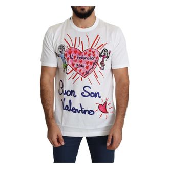 Dolce & Gabbana Homme, Tops, Blanc, Taille: S Romantique Heart Print Crew Neck Tee