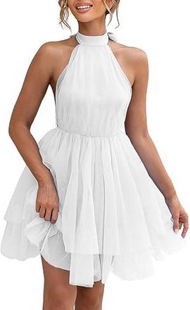Generic Robe de soirée sexy pour femme - Dos nu - En maille - Taille haute - Avec lacets - Longueur genou - Robe de bal - Robe de mariage - Robe de fête, Blan