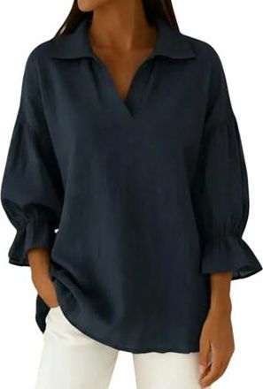 Generic Chemisier en Coton Et Lin Femme Manches Courtes Shirts D&eacute;contract&eacute; Amples De Couleur Unie T-Shirts &Agrave; La Mode Col V Coton Et Lin Chemisiers De Grande T