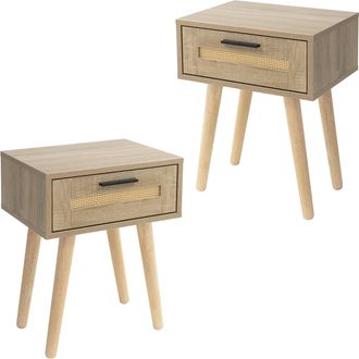 ML Design ML-Design 2er Set Nachttisch mit 1 Schublade, 40x50,5x30 cm, Eiche Optik, Nachtschrank Rattanfront Massivholzfüßen, Nachtkommode für Boxspringbett Sch