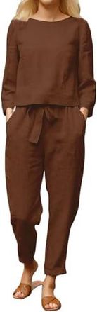 Generic Ensemble 2 pi&egrave;ces en lin pour femme - Haut &agrave; manches courtes et pantalon large - Ensemble 2 pi&egrave;ces en lin pour femme, marron, 3XL