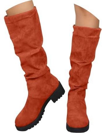 Generic Bottes montantes en daim pour femme 2025, mode dhiver, couleur unie, mollet large froncé, bout rond, confortables, antidérapantes, décontractées, conf