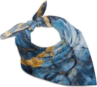 Generic Écharpe carrée en soie turquoise et or marbré, écharpe légère à texture abstraite pour cheveux, foulard respirant, cadeau pour femme et homme, multico