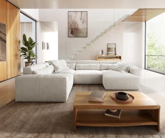 DELIFE Wohnlandschaft Sirpio 300x210 cm Bouclé Creme-Weiß Recamiere variabel, Wohnlandschaften