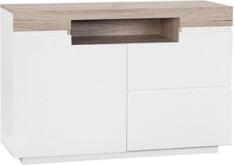 Beliani Beliani - Buffet moderne en MDF avec 4 portes blanches et plateau marron fonc&eacute; - Dimensions 110x75x40 cm - Design minimaliste et espace de rangement