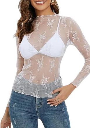 Generic T-shirt transparent en dentelle florale avec trou pour le pouce pour femme, haut en maille à manches longues pour femme, chemisier floral à manches lo