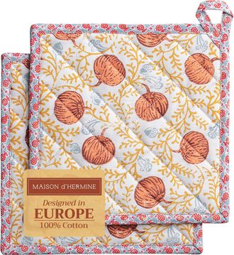 Maison d'Hermine Maison dHermine Topflappen, 100% Baumwolle, hitzebest&auml;ndig, Set mit 2 Hotpads mit Schleife zum Backen, Grillen, Umgang mit hei&szlig;en Pfannen, Harvest Fes