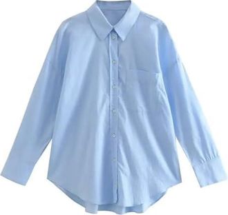 Generic Chemisier à manches longues en popeline à rayures et à revers pour femme, bleu ciel, XS