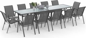 IDMarket Salon de jardin MADRID table extensible 135-270 CM et 12 chaises empilables gris anthracite