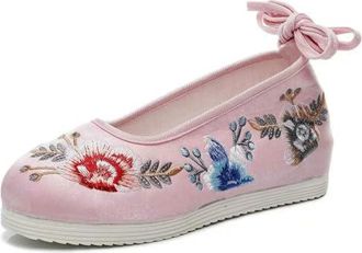Generic QXDZSW Chaussures brodées avec semelle plate et sangle de cheville pour femme Style ethnique antidérapant Bout rond Augmentation interne Hanfu, rose, 