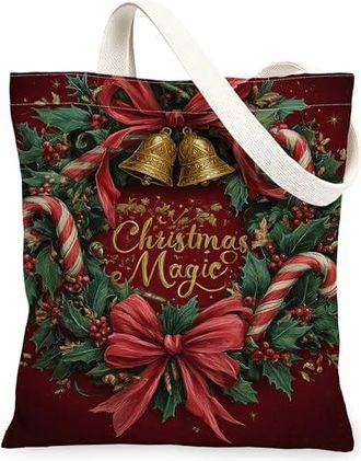 Generic Sacs fourre-tout en toile motif couronne de No&euml;l, sacs r&eacute;utilisables, vintage, l&eacute;gers, lavables avec bandouli&egrave;re en toile, Rouge, 13x15 Inch