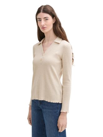 Tom Tailor Damen RIPP Longsleeve mit Polokragen, 33962 - Doeskin Melange, XL