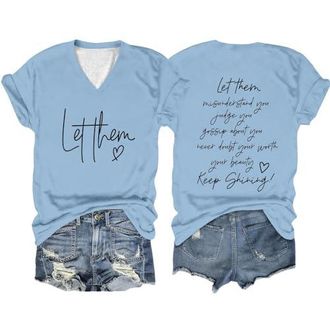 Generic T-shirt pour femme avec motif inspirant et col en V, d&eacute;contract&eacute;, manches courtes, bleu clair, XXL