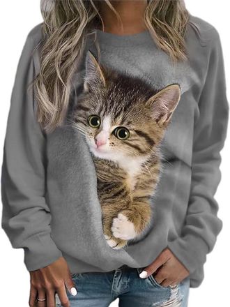 Onsoyours Pullover Damen Sweatshirt Herbst Winter Frauen Drucken Langarm Kapuzenpullover mit Katze Motiv Hemd Locker Casual Oberteil Bedruckte Tops Sweatshirts 