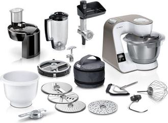 Bosch Küchenmaschine Serie 4 mit Waage, Edelstahl-Schüssel spülmaschinenfest, Mixer, Fleischwolf, Planetenrührwerk, Durchlaufschnitzler, 3 Scheiben, Würfels