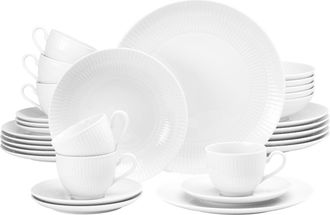 SELTMANN WEIDEN Amina Weiß Kombiservice 30-teilig, Komplettes Geschirr-Set für 6 Personen, Tafel- und Kaffee-Geschirr mit dezentem Relief-Muster, Porzellan, Weiß