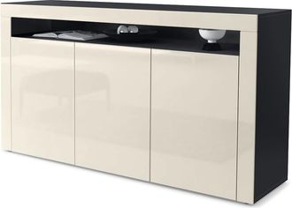 Vladon Sideboard Valencia, Made in Germany, Kommode mit 3 Türen und 1 offenem Fach, Schwarz matt/Creme Hochglanz (155 x 92 x 40 cm)