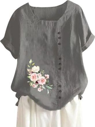 Generic Chemise &agrave; manches courtes en coton et lin pour femme - Grande taille - Chemisier &agrave; manches courtes - Chemisier &agrave; col en V - Imprim&eacute; floral - Haut d&eacute;t&eacute;