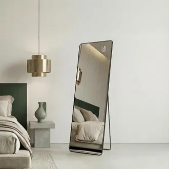 Songmics Grand Miroir sur Pied, avec Miroir Grossissant, Verre Tremp&eacute;, Rectangulaire, Coins Arrondis, 150 x 40 cm, Noir