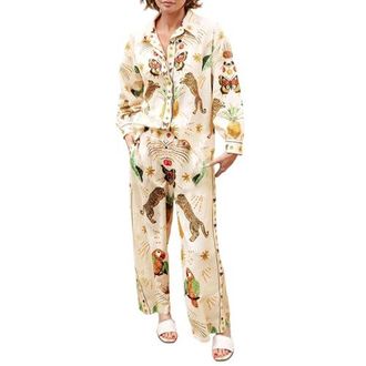 Generico Ensemble d&eacute;contract&eacute; 2 pi&egrave;ces pour femme chemisier &agrave; manches longues avec imprim&eacute; abstrait et poche avec pantalon large pour un style urbain et confor