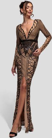 Goddiva Maxikleid Geometric Sequin Plunge Maxi Langes Kleid, Pailetten, Schulterpolster