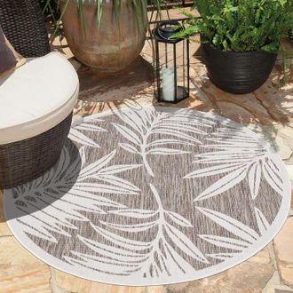 Carpet City Outdoor-Teppich Wetterfest Balkon Terrassen - Beige in 120x120 cm Rund - Deko Teppiche Au&szlig;en Wasserfest - Balkondekoration Florale-Optik Wohnzimmertep