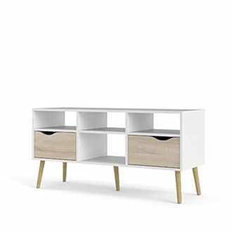 Etna TV-Schrank mit zwei Schubladen, Farbe Wei&szlig; und Eiche, 117 x 57 x 39 cm