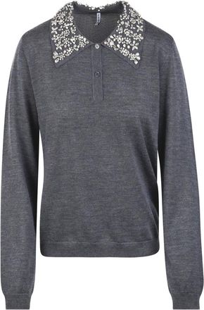 Liviana Conti Femme, Pulls, Gris, Taille: 38 FR Polo en laine avec strass