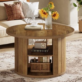 Tribesigns Couchtisch Rund, 80 cm Sofatisch Wohnzimmertisch mit Stauraum, Industrie-Design, Kleiner Tisch Beistelltisch Holz f&uuml;rs Wohnzimmer, Home Office, Landha