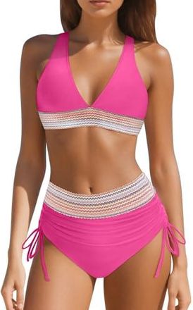 Generic Maillot De Bain Femme 2 Pieces Bikini Femme 2 Pieces Bikini Taille Haute Bicolore + Bas &Agrave; Liens - Design Graphique Tendance