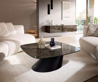 DELIFE Couchtisch Edge Boot 90x90 cm Keramik Emperador Extra Lucidato Dunkelbraun Conis Metall Schwarz, Couchtische