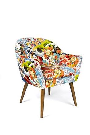 Excelsa Living Fauteuil rembourr&eacute; dameublement, multicolore, velours en polyester, pieds en bois massif, 70,5 x 65 x 83 cm (Kimono)