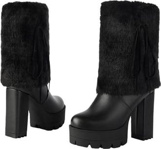 Generic Bottes À Talons Hauts Tendance Pour Femmes, Bottes En Similicuir Doublées Chaudes Avec Tige En Fourrure Et Fermeture Éclair Latérale Élégantes Bottes 