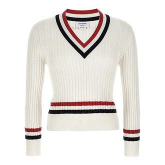 Thom Browne Femme, Pulls, Blanc, Taille: 42 FR Braid Cotton Sweater