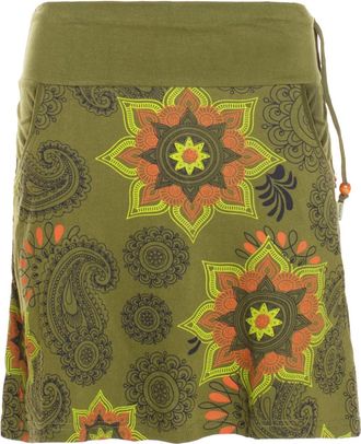 vishes Alternative Bekleidung - Damen Mini-Rock Baumwolle Blumen-Muster extra breiter Bund mit Kordel-Zug und Taschen Olive 36