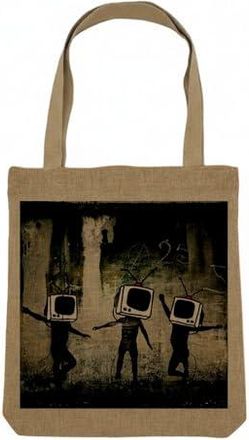 Fabulous Sac Shopping Tote Bag Aspect Lin - Banksy TV Heads Street Art Graffiti - Sac de Courses Toile Epaisse 360g Beige Naturel Cabas Port&eacute; Epaule Solide Imp
