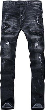 DianShao Homme Jeans Slim Straight Stretch D&eacute;chir&eacute; Denim Pantalon Trou&eacute; Coiffer Noir 38