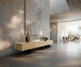 DELIFE Lowboard Cuor 200 cm Keramik Laminam Sabbia Eichefarbig 1 Klappe 1 Schubfach Fu&szlig; Schwebeoptik Metall Schwarz, Lowboards