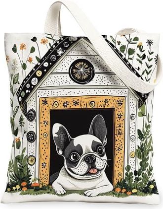 Generic Sac fourre-tout en toile motif bouledogue fran&ccedil;ais pour le shopping, 33 x 38,1 cm, niche amusante pour chiot, sac d&eacute;picerie r&eacute;utilisable, sac d&eacute;piceri