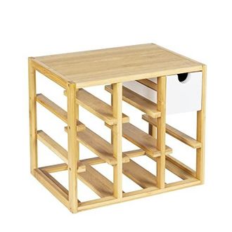 WENKO Weinregal Finja, hochwertiges Regal für bis zu 8 Flaschen, mit integrierter Schublade für Korkenzieher, Ausgießer & Servietten, aus natürlichem Bambus