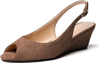 elashe Femme Escarpins Slingback Talon Compens&eacute; Bout Ouvert Chic Pumps Su&egrave;de Brun EU39