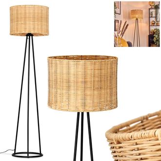 HOFSTEIN Stehleuchte Cavaca, Stehlampe aus Metall/Rattan in Schwarz/Natur, Leuchte im modernen Design mit rundem Schirm (Ø 40 cm) u. Fußschalter, Höhe 152 cm, 